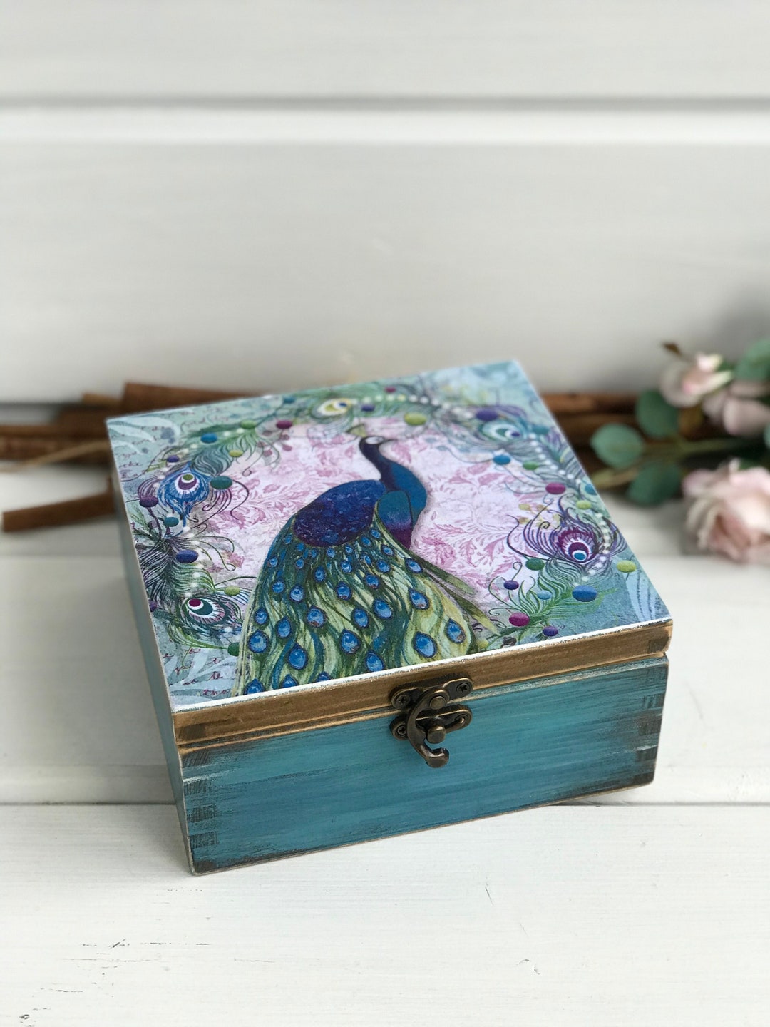 Wooden Tea Box Personalized, Peacock Gifts, Rustic Peacock Keepsake Box ...