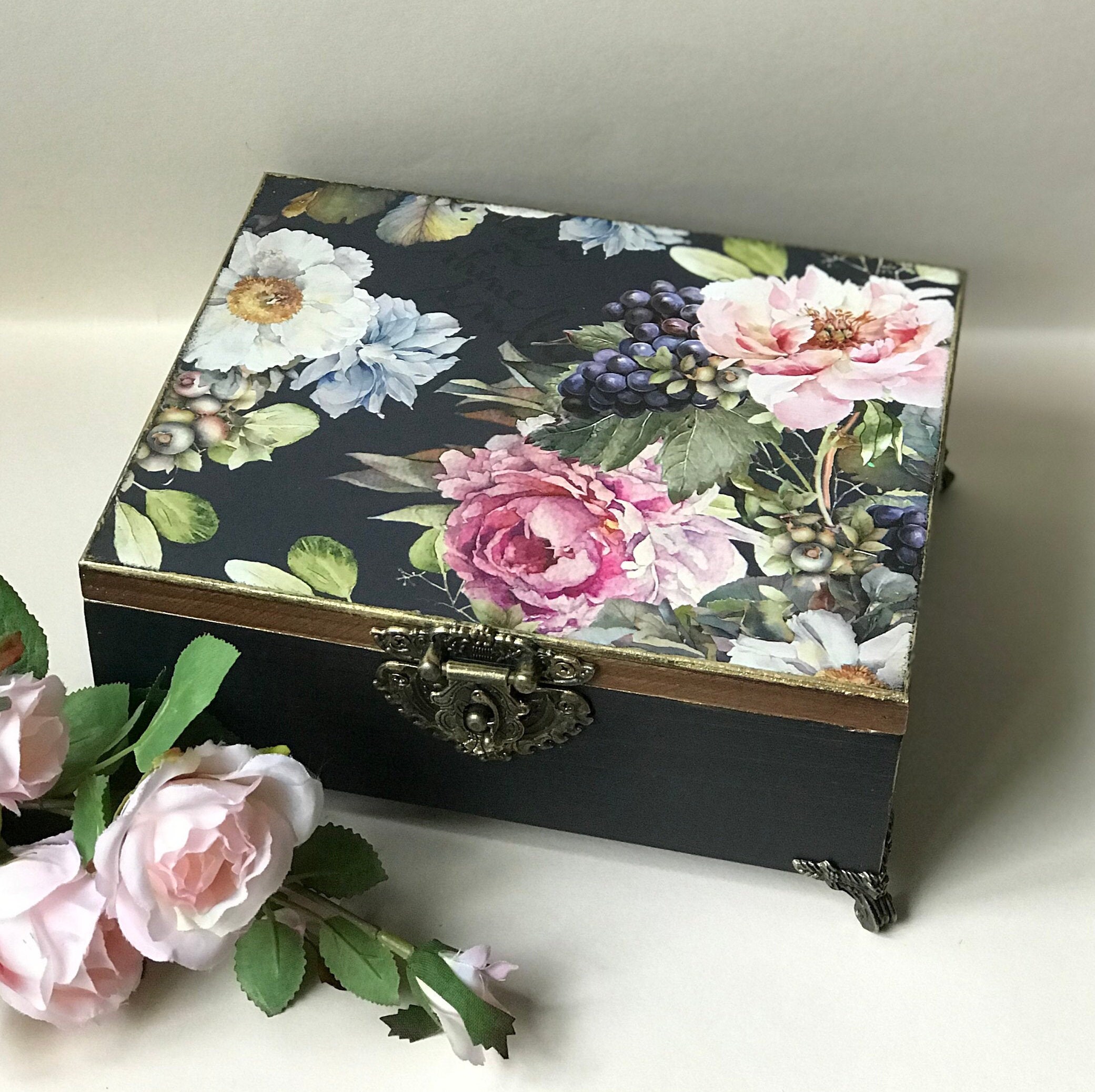 Rose jewelry box Blue keepsake box Personalized Mother's | Etsy