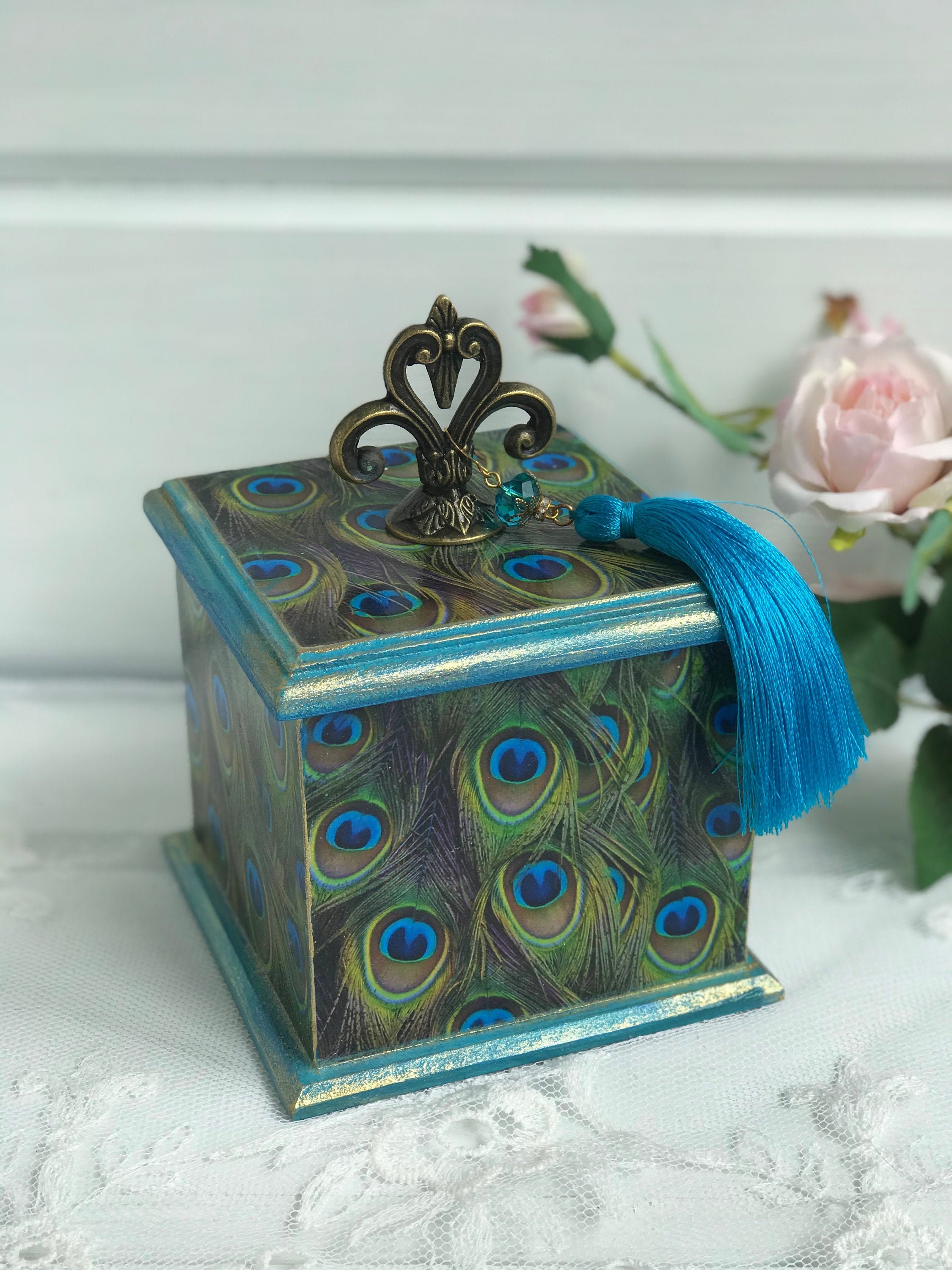 Peacock Jewelry box Wooden trinket box Peacock gifts for | Etsy