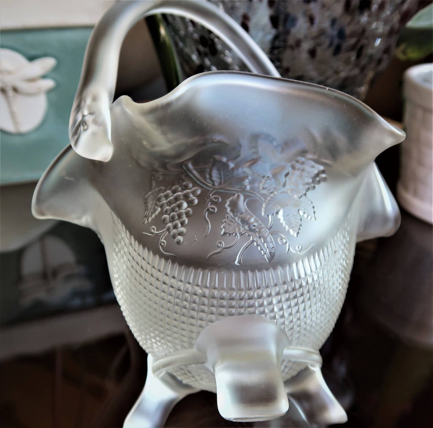 Fenton Ruffle Edge Grapes and Leaves Satin Glass Footed Basket | Etsy