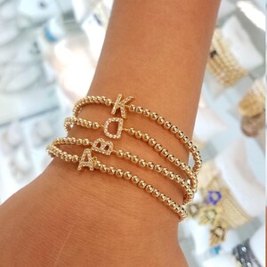 Customized Initial Letter Bracelet, Gold Filled Beaded & Cubic Zirconia ...