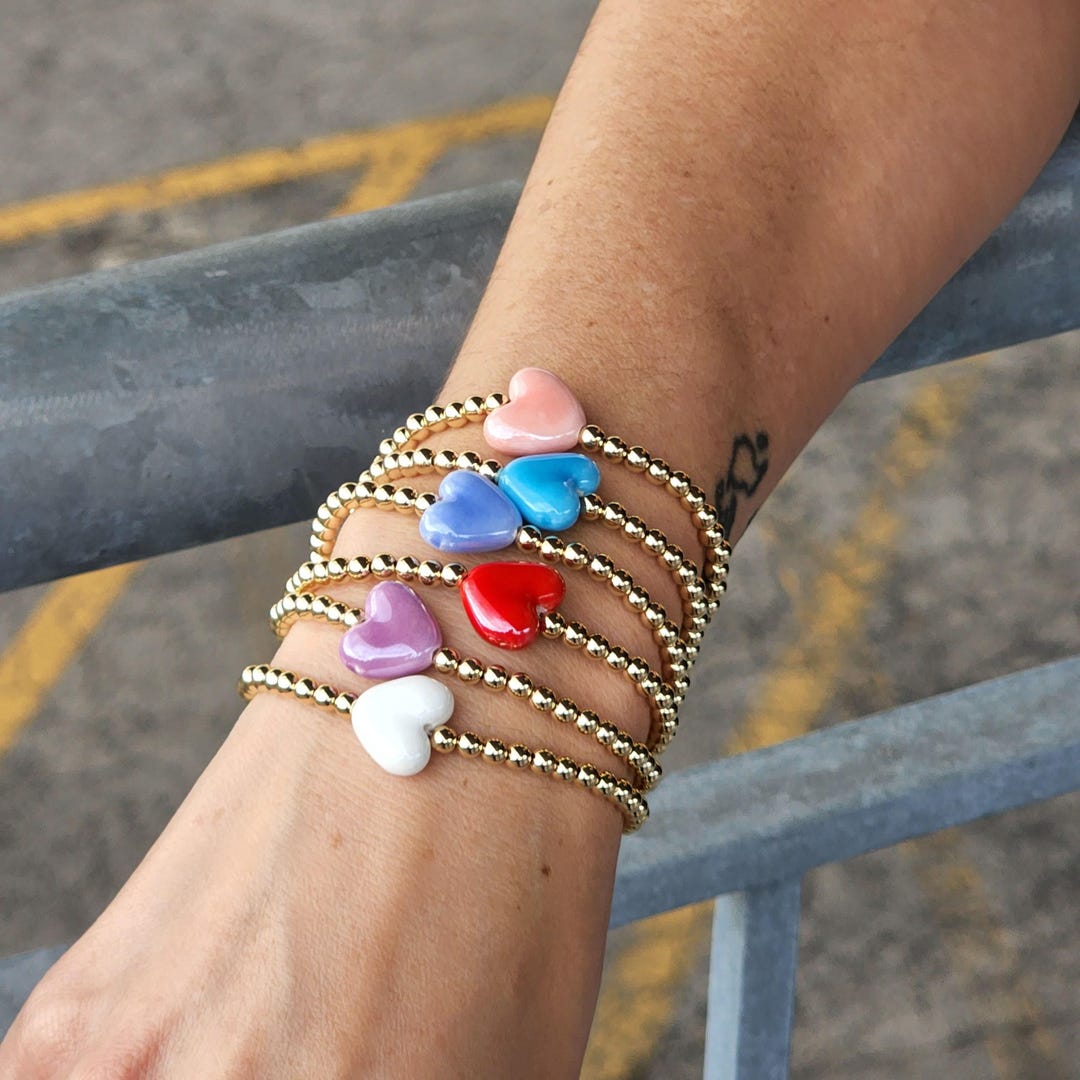 Heart Pendant Stackable Love Bracelet - Gold Filled Beaded Stretch ...