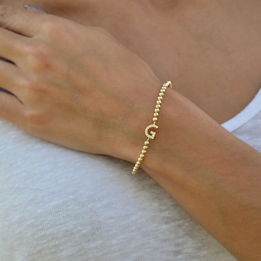Customized Initial Letter Bracelet, Gold Filled Beaded & Cubic Zirconia ...