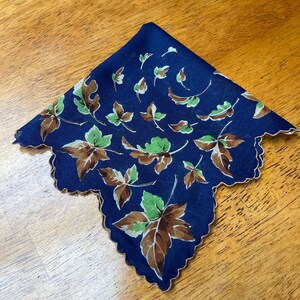 Vintage Blue Floral Handkerchief of Brown & Green Leaves, Hankerchief ...