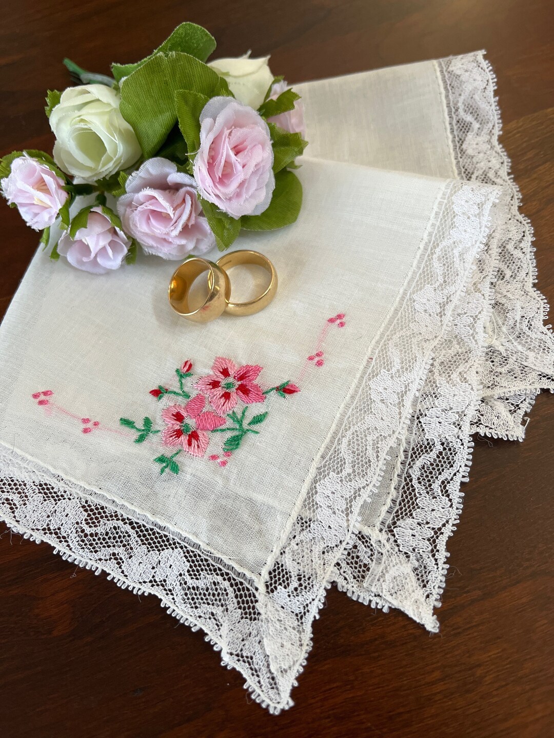 Delicate Embroidered Pink Floral Handkerchief Trimmed With Lace ...