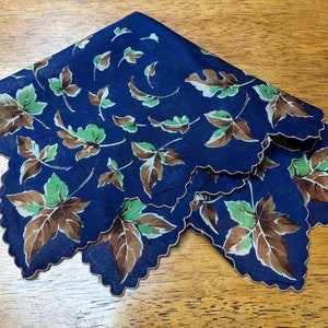 Vintage Blue Floral Handkerchief of Brown & Green Leaves, Hankerchief ...