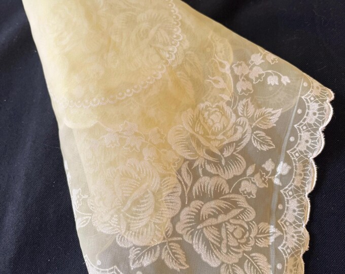 Yellow Sheer Flocked Floral Design Handkerchief, Chiffon Hankerchief ...
