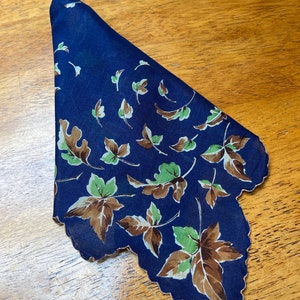Vintage Blue Floral Handkerchief of Brown & Green Leaves, Hankerchief ...
