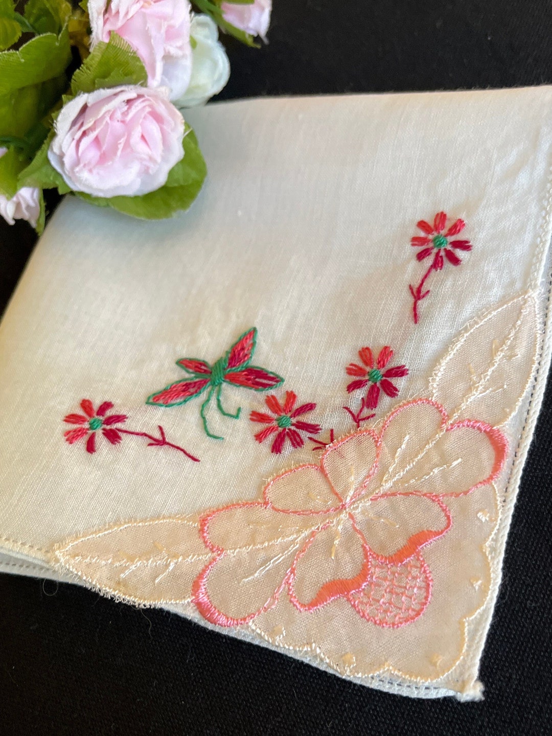 Delightful Vintage Embroidered Red Butterfly, Floral Handkerchief With ...