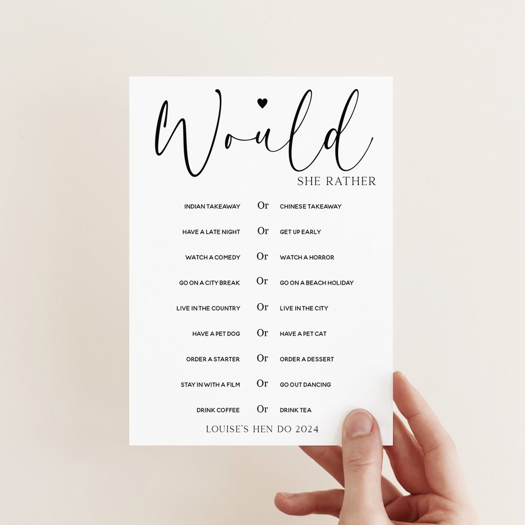 Hen Party Games Personalised Would She Rather Game Cards-hen Party ...