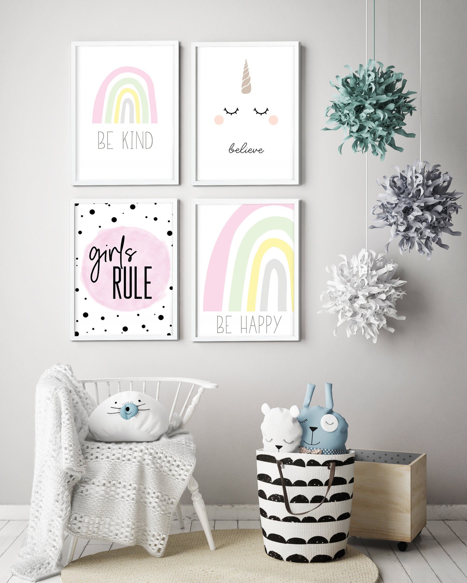 Girls Room Wall Art Prints Posters Pictures 4 Pack Rainbow Unicorn A4 ...