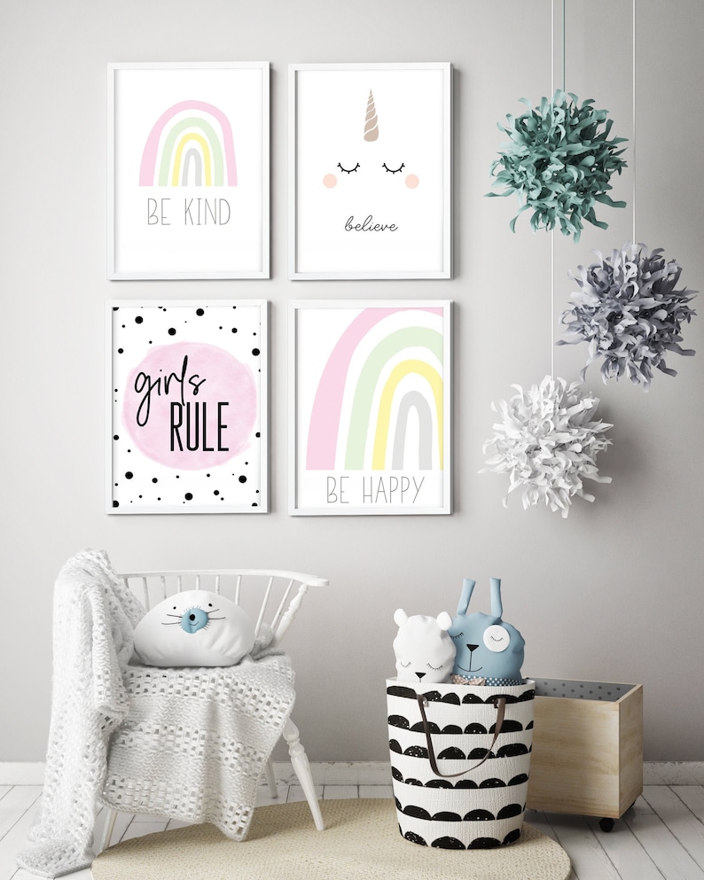 Girls Room Wall Art Prints Posters Pictures 4 Pack Rainbow Unicorn A4 ...