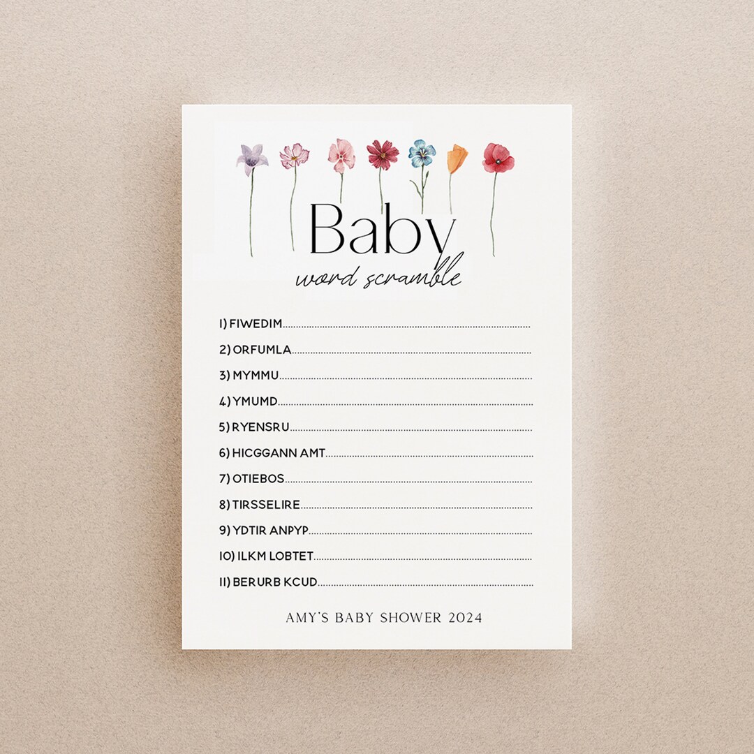 Personalised Baby Shower Word Scramble Cards- Minimal Flower Floral ...