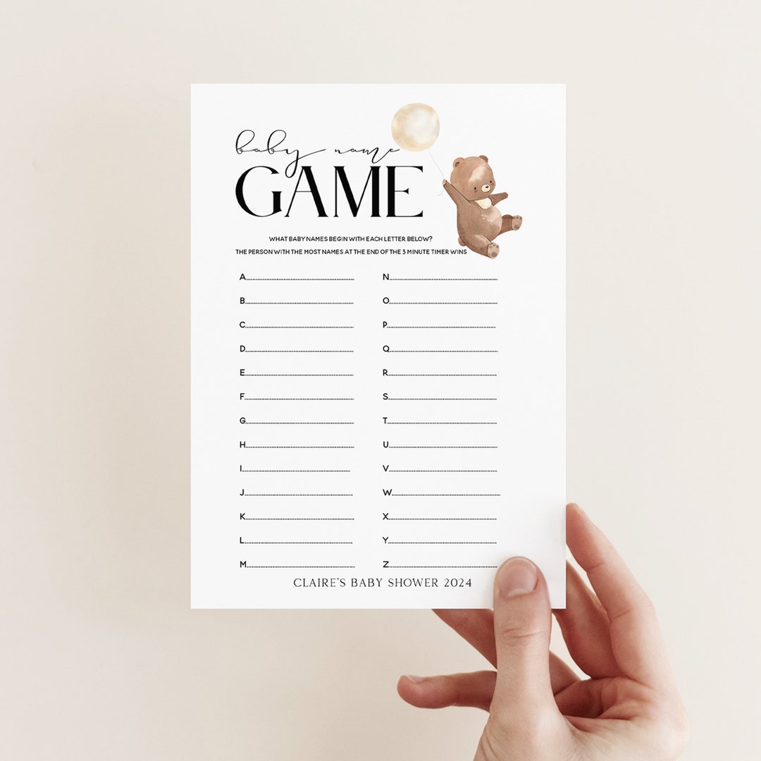Bear Baby Shower Games- A-Z Name Game Cards-personalised Baby Shower ...