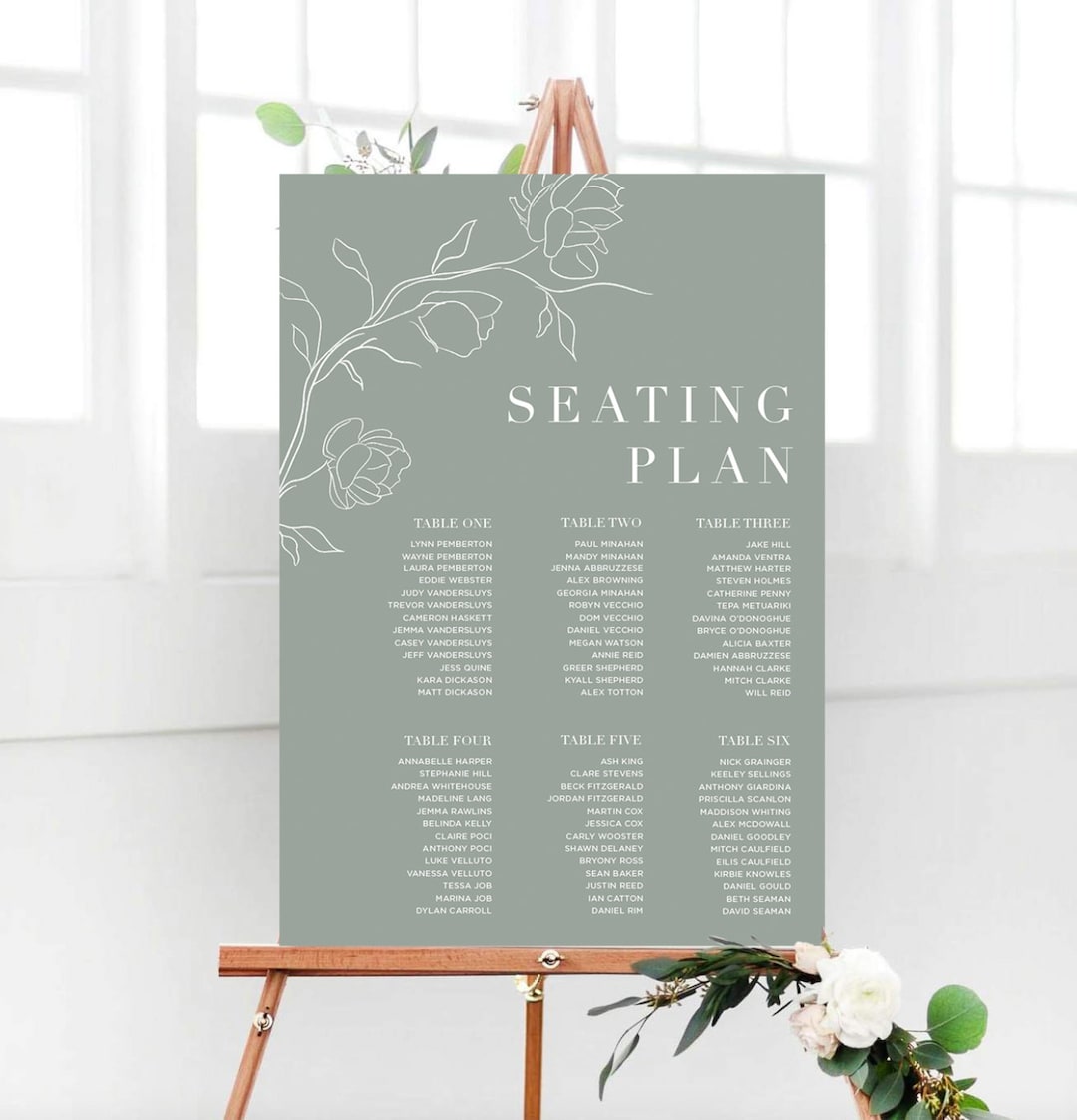 Sage Green Wedding Seating Plan, Leafy Rose Seating Arrangement Sign ...