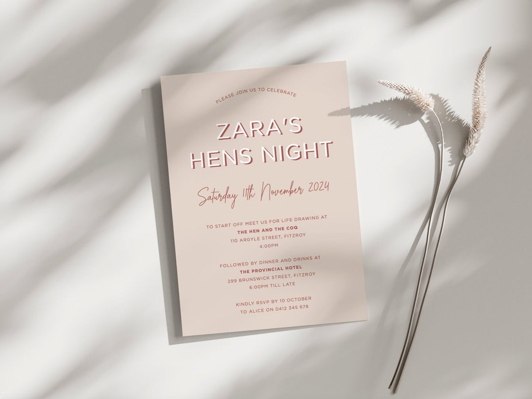 Boho Fun Modern Hens Night Invitation Printable, Bold Beige & White Hen ...