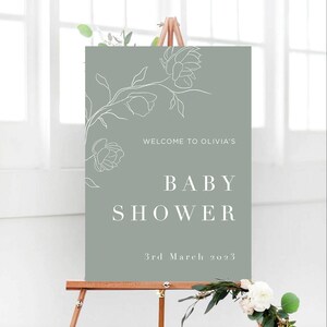 Floral Sage Green Baby Shower Welcome Sign, Leafy Welcome Baby Shower ...