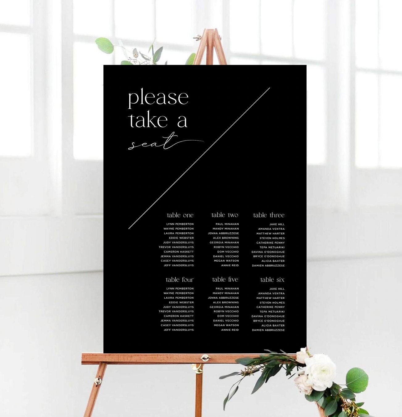 Minimal Black Wedding Seating Plan, Elegant Seating Arrangement Sign ...