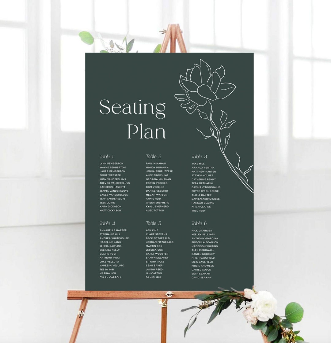 Floral Leafy Wedding Seating Plan, Green Seating Arrangement Sign ...
