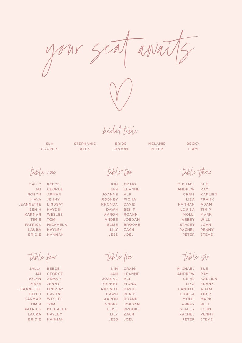 Blush Pink Wedding Seating Plan Love Heart Seating - Etsy