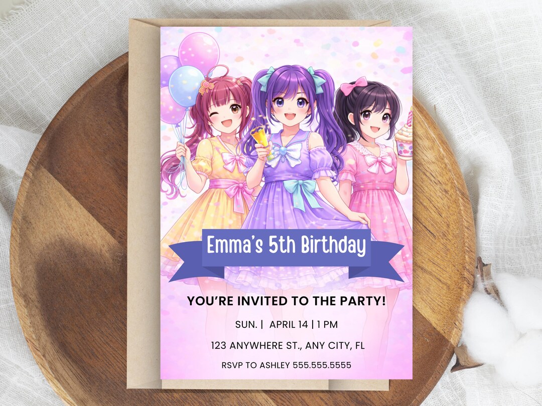 Anime Birthday Invitation | Girl Anime Party Invite | Editable 5x7 ...