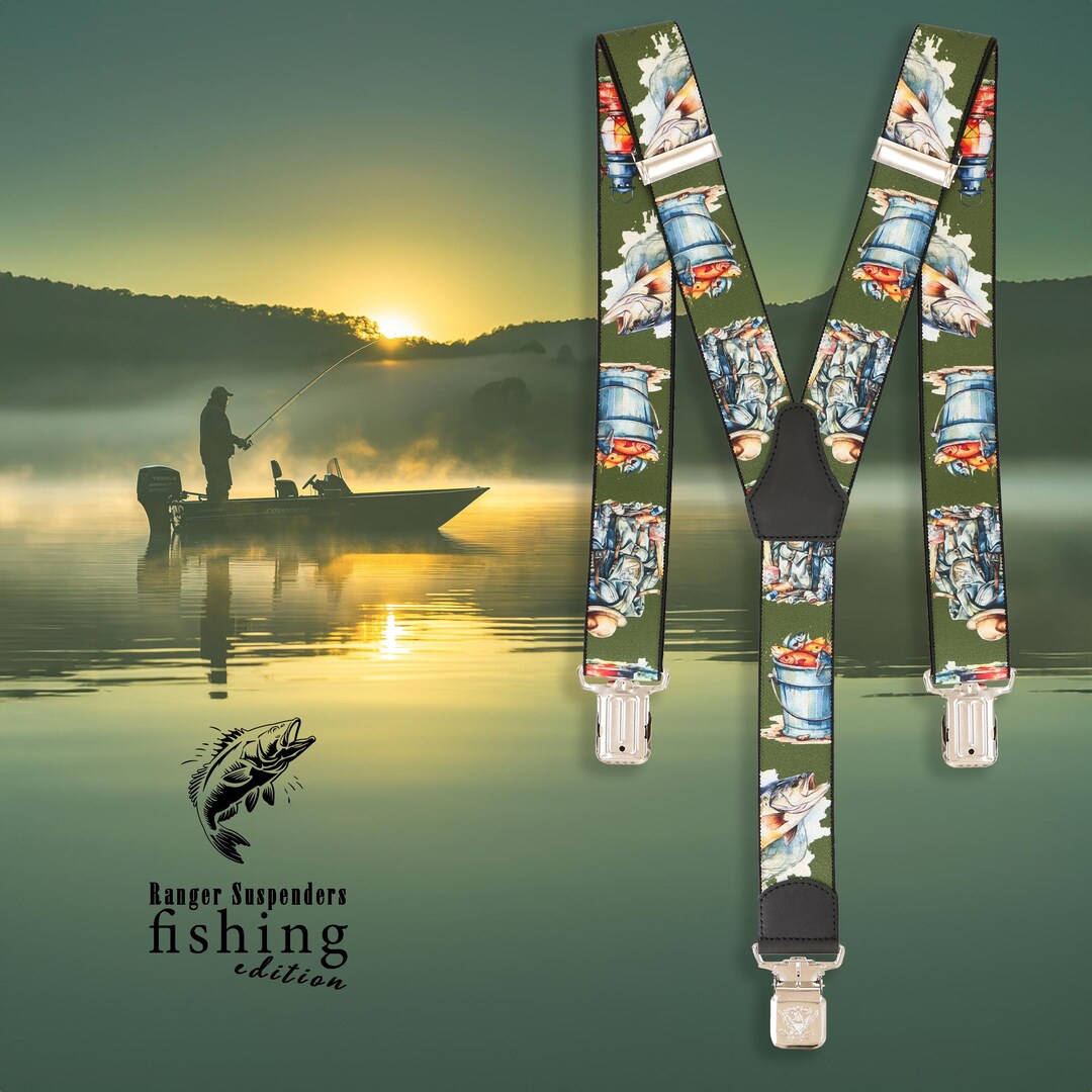 Unique GREEN Fishing Suspenders. Fishing Printed Pattern. A Perfect ...