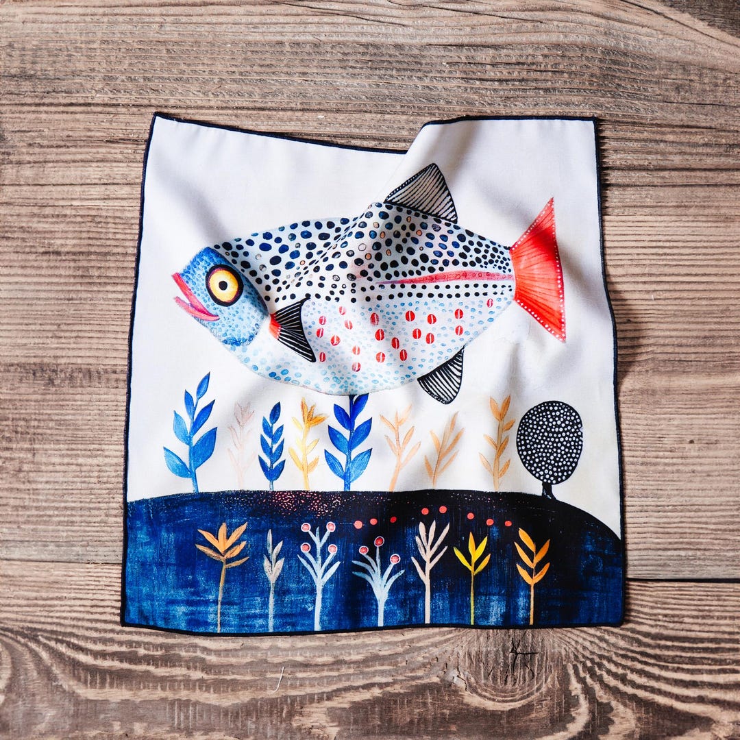 POCKET SQUARE Cartoon Fish Pattern for Wedding Groomsmen Vintage ...