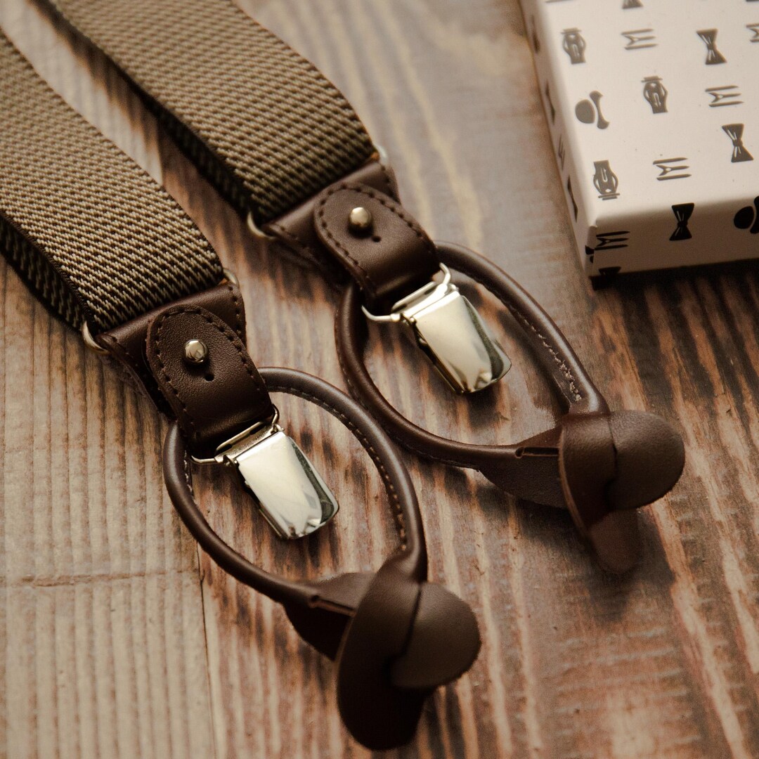 Suspenders Brown Beige Striped 2in1 Fasteners Buttons Men and Woman ...
