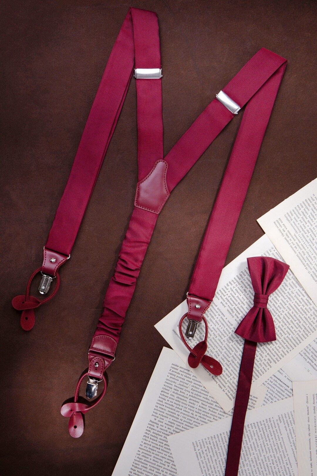 Burgundy Men's Suspenders and Bow Tie Set, Handmade in Poland - Etsy