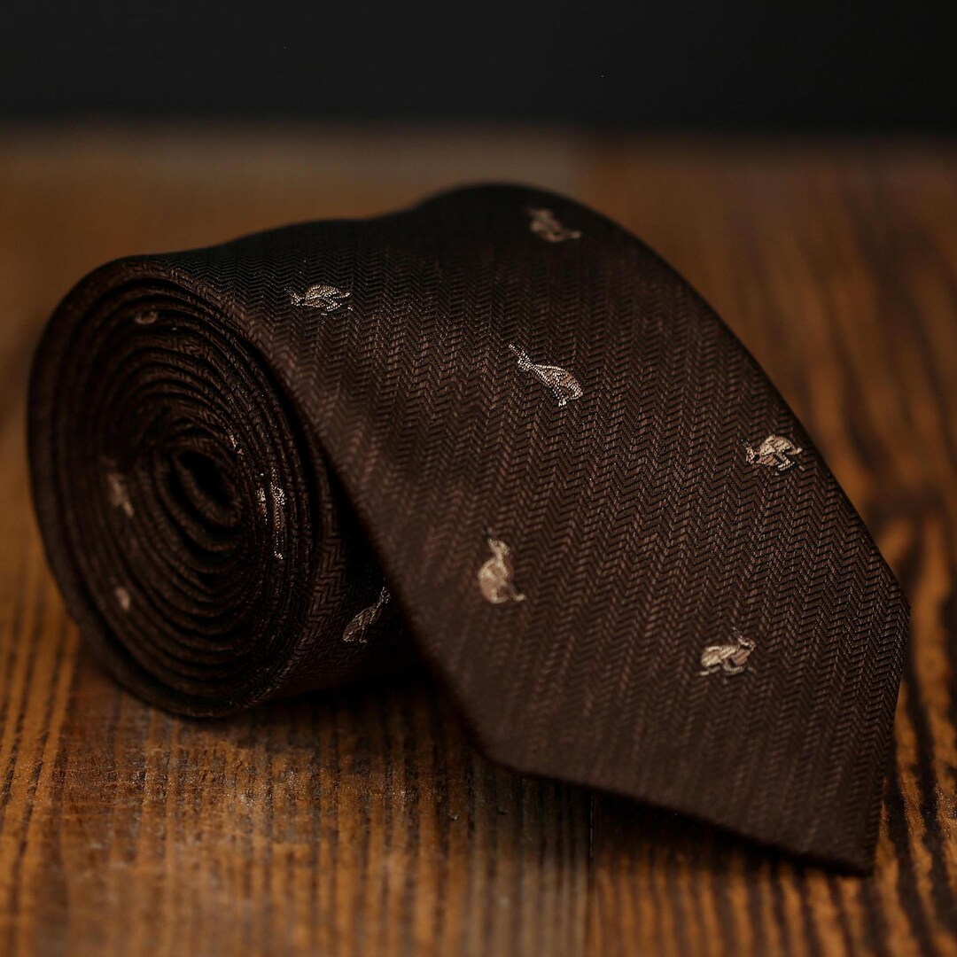 Brown Men's Tie With RABBITS Signature Wedding Gift High Quality Hand ...