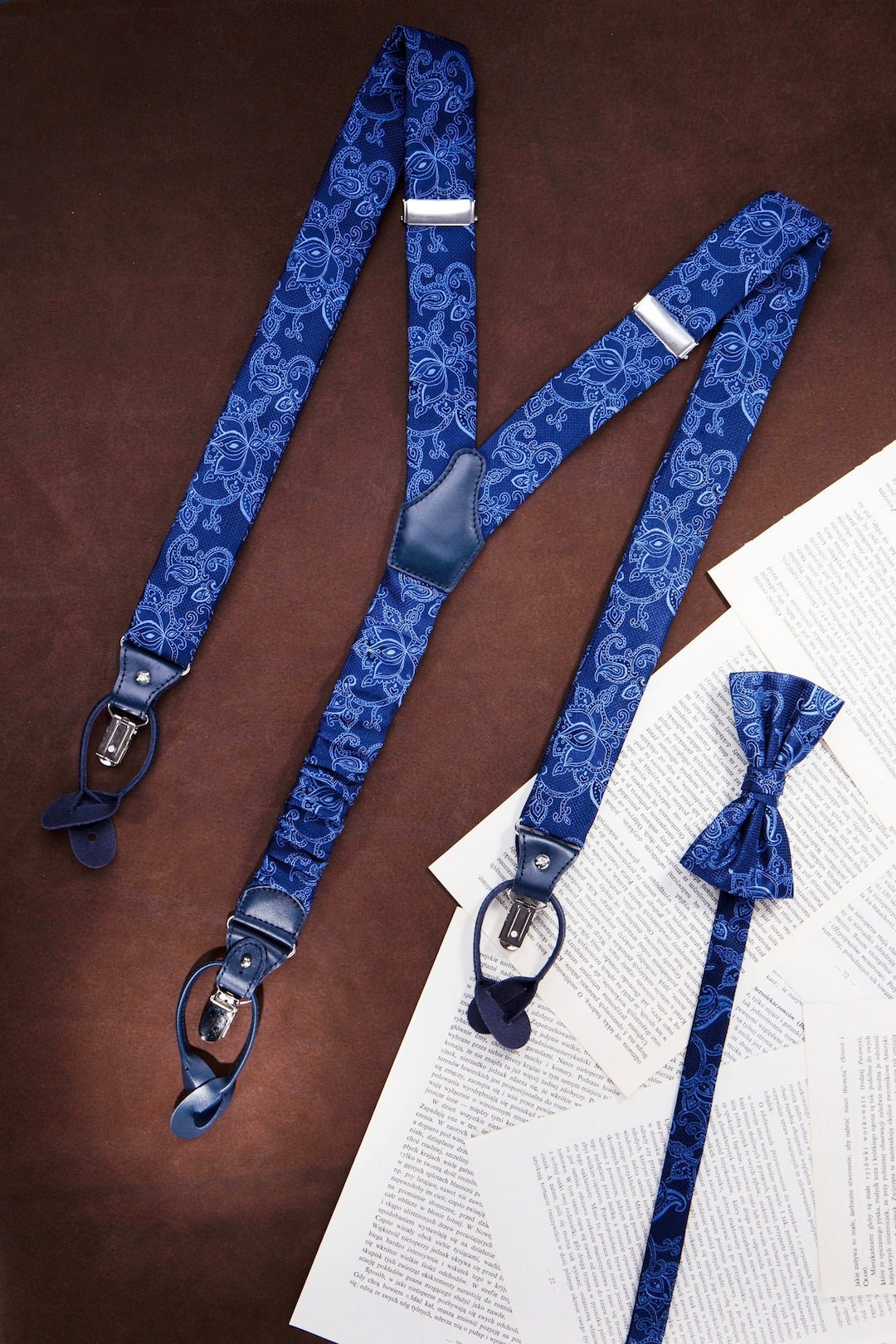 Blue Floral Suspenders and Bow Tie Set, Handmade in Poland - Etsy