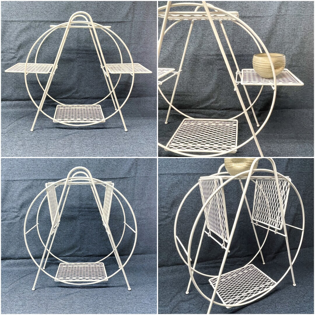 Vintage MCM White Plant Stand, Perforated Metal Atomic Small Table, 2 ...