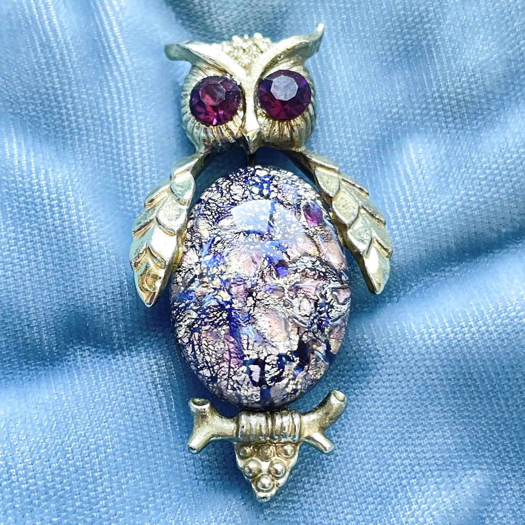 Vintage Purple Jelly Belly Foil Glass Gold Tone Owl Brooch, MCM Purple ...