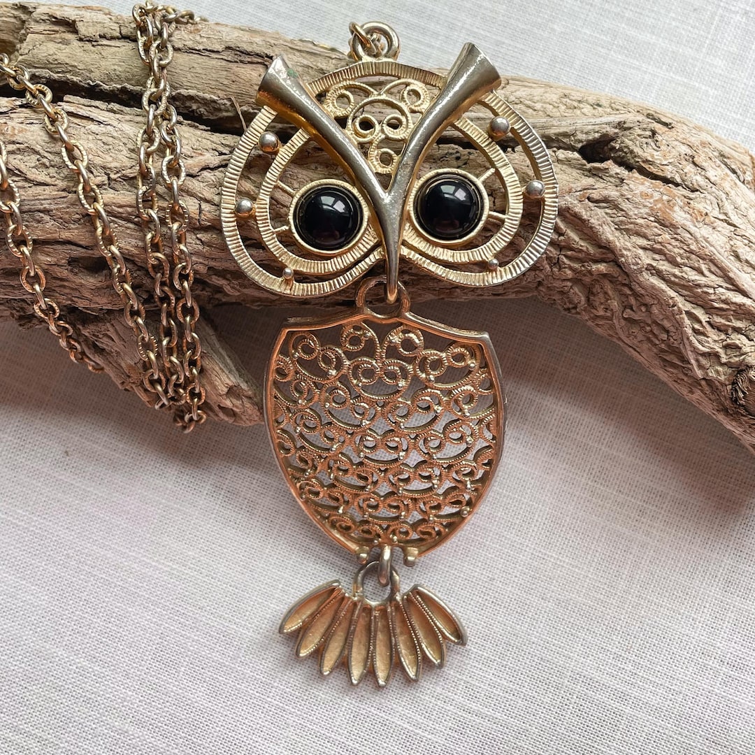 Vintage Coventry Gold Articulated Owl Pendant Necklace, Black Glass Eyes 16" Drop - Etsy