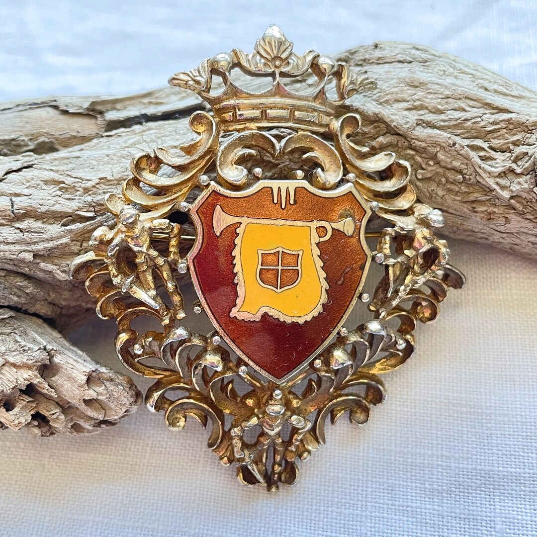 Vintage Heraldic Medallion Brooch, Coat of Arms Crown Armored Guards ...
