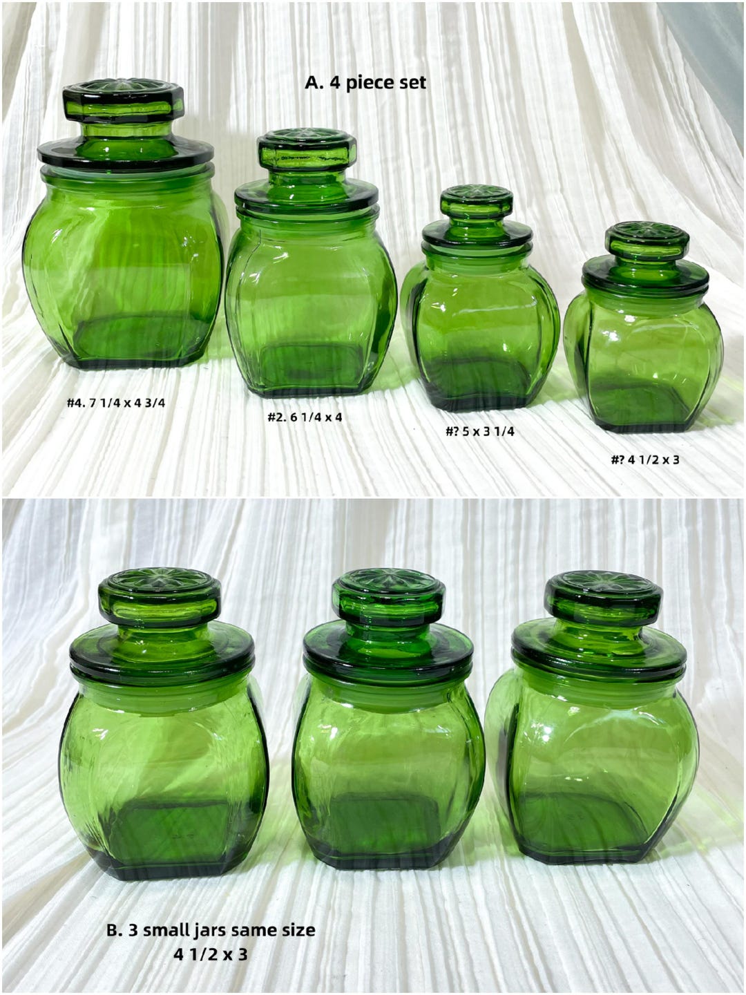 Vintage Green Glass Containers, Choose Your Set, 2 Sets Available ...