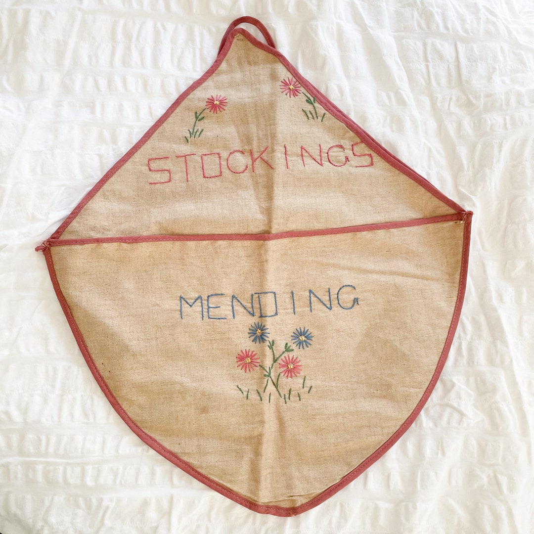 Vintage Hand Embroidered Linen Hanging Pouch, Mending Stockings Decor ...