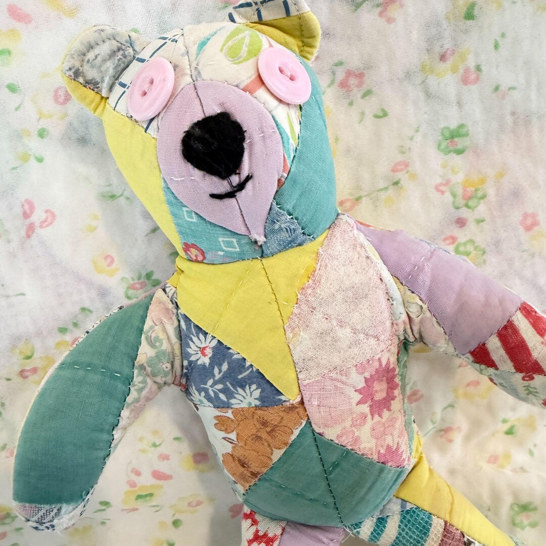 Vintage Handmade Stuffed Bear, Patchwork Quilt Doll - Etsy