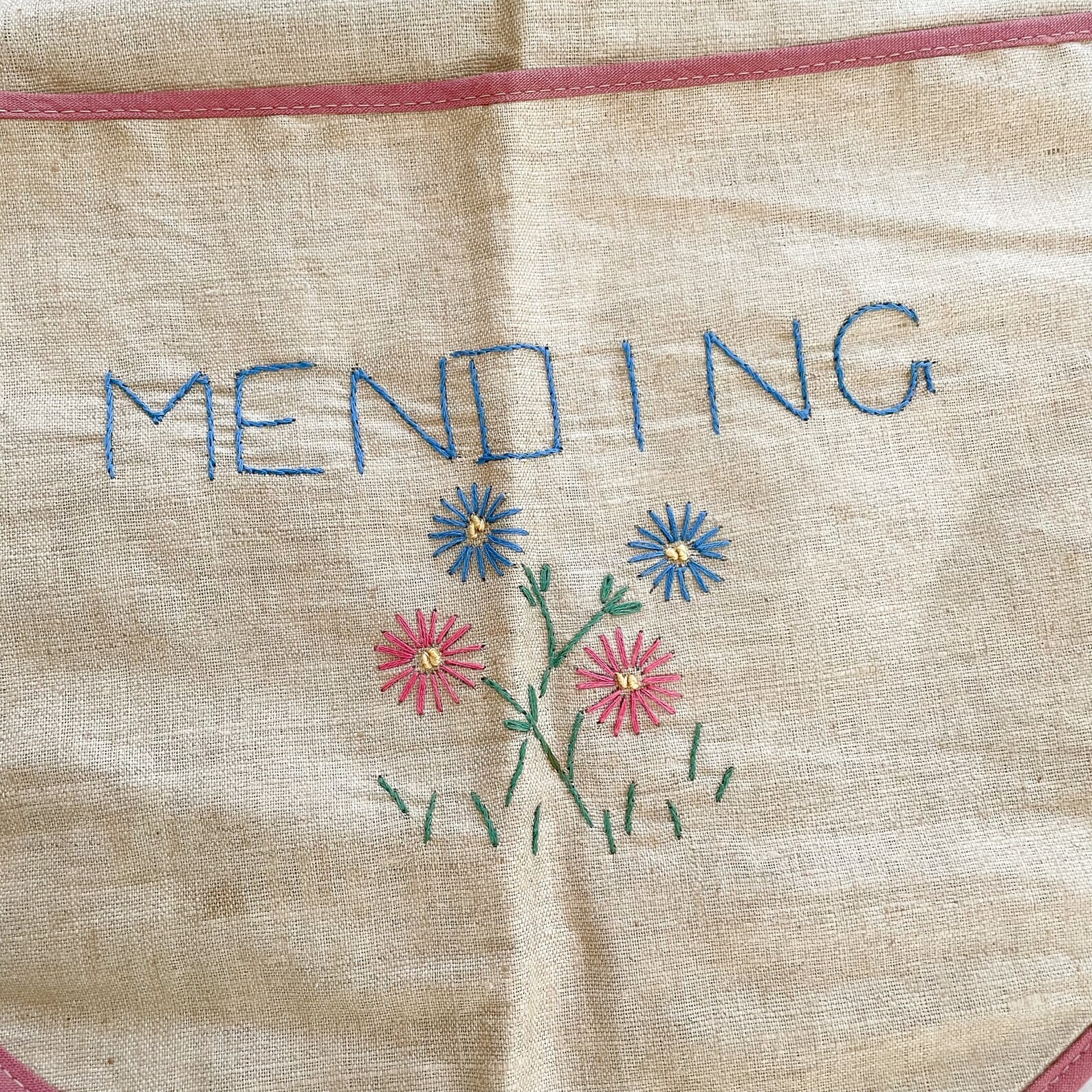 Vintage Hand Embroidered Linen Hanging Pouch, Mending Stockings Decor ...