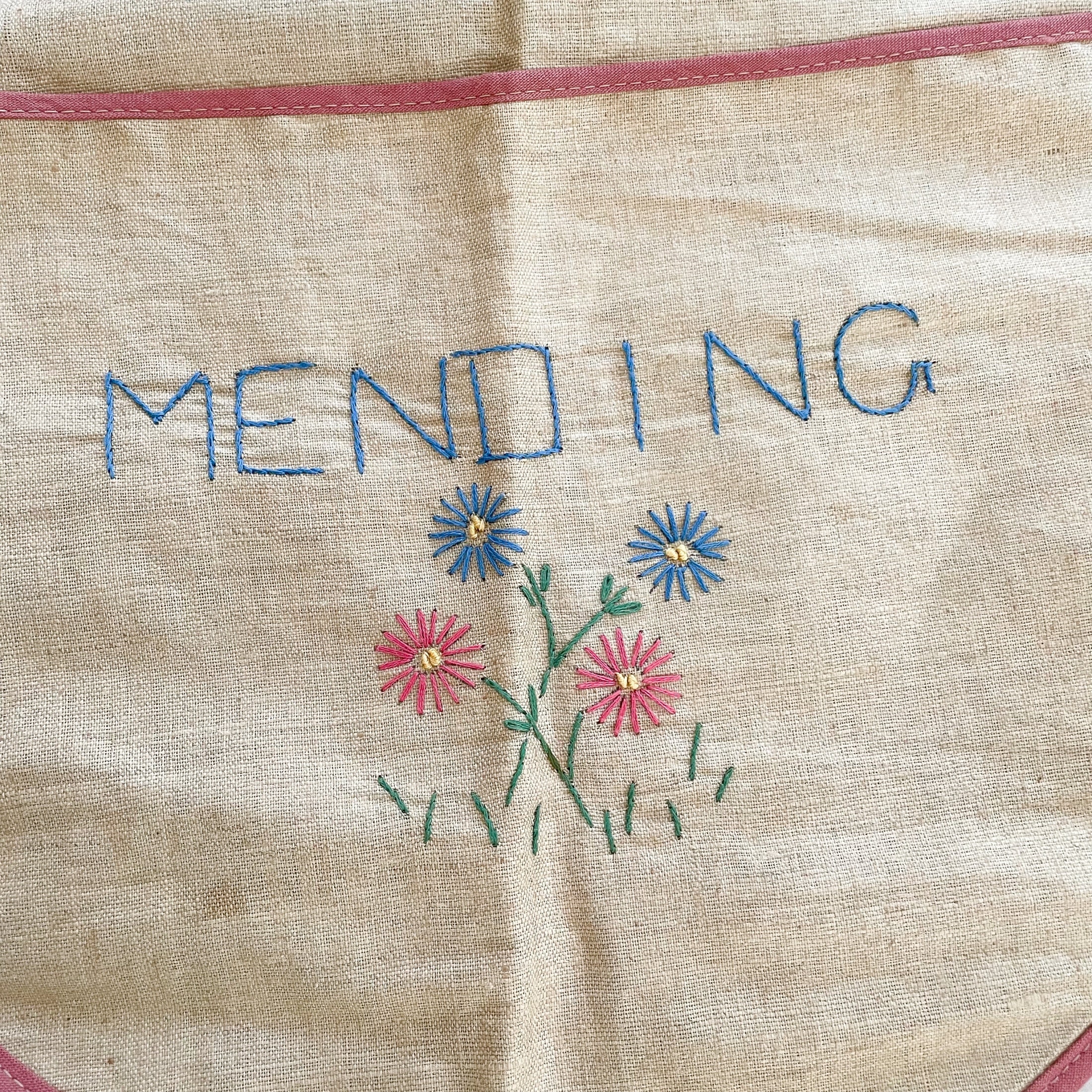 Vintage Hand Embroidered Linen Hanging Pouch, Mending Stockings Decor ...
