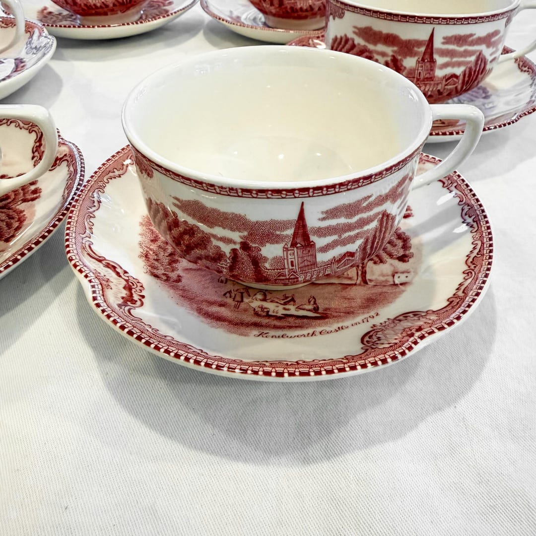 VTG Old Britain Castles, 6 Cups & Saucers Red Transferware Johnson Bros ...