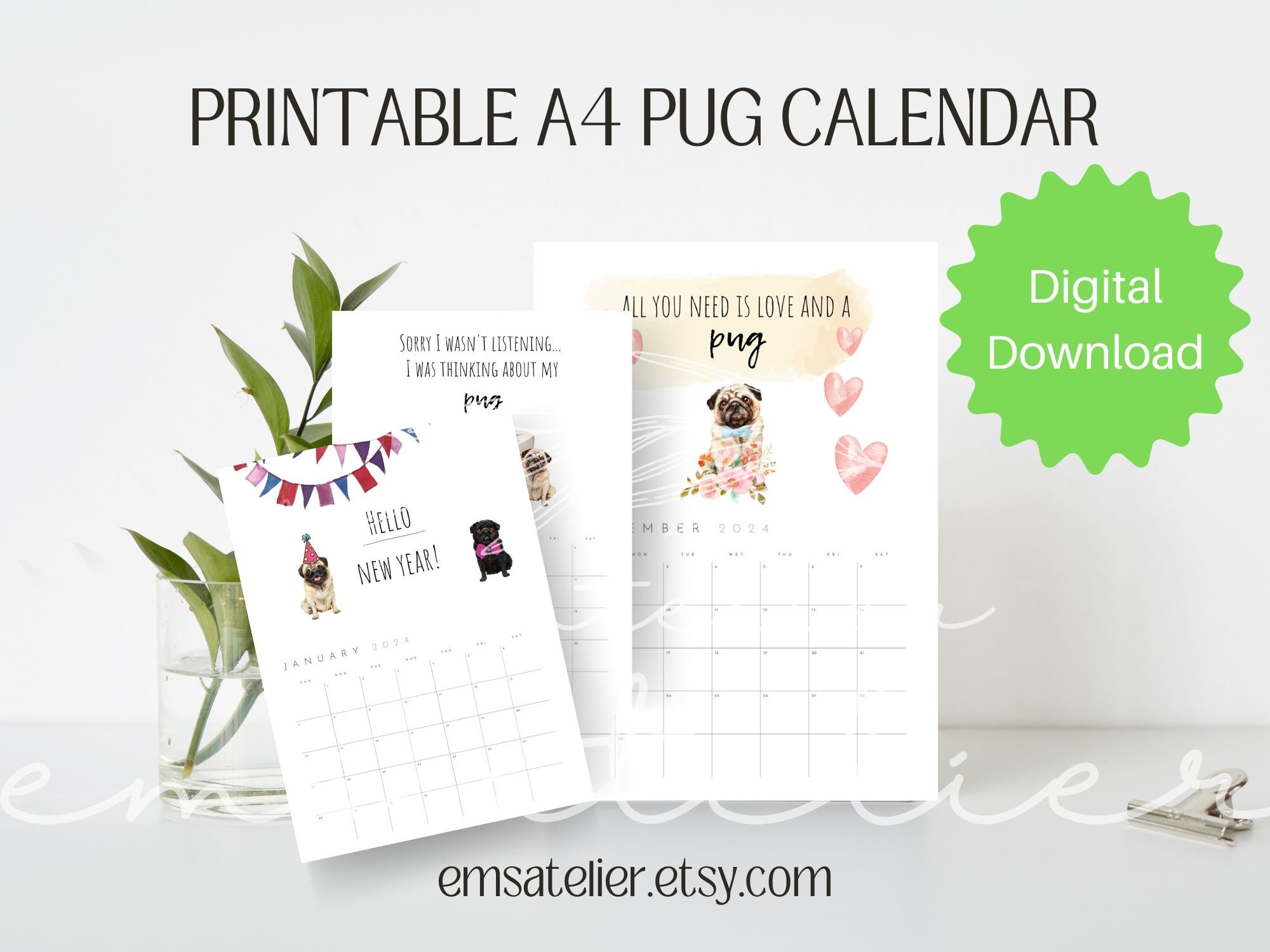 Pug A4 Digital Calendar 2024 Dog Sayings - Etsy