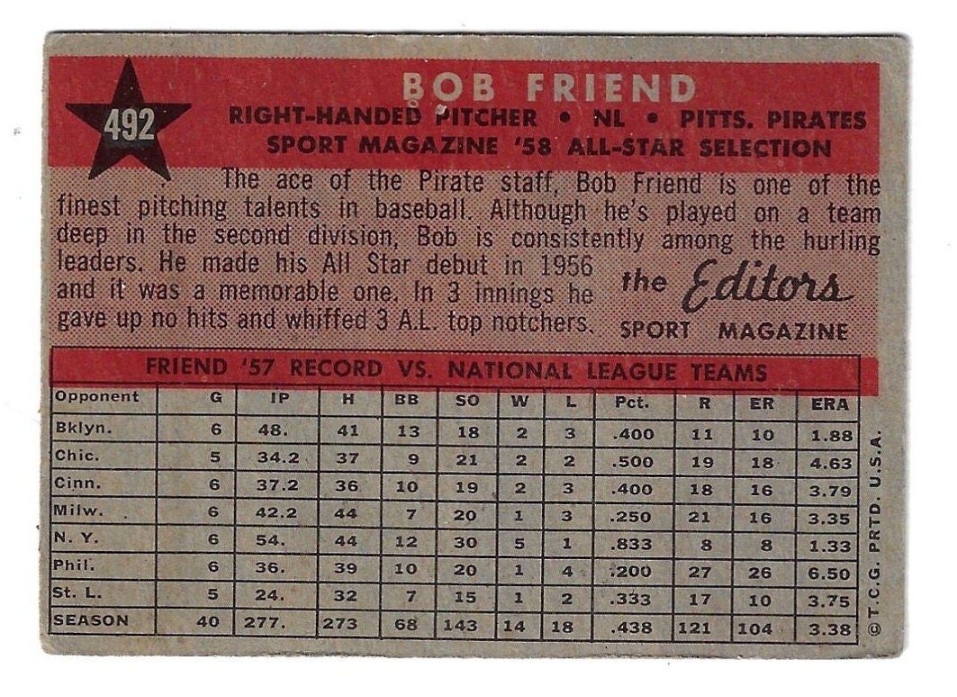 1958 BOB FRIEND Pittsburgh PIRATES All Star Baseball Card Number 492 in ...