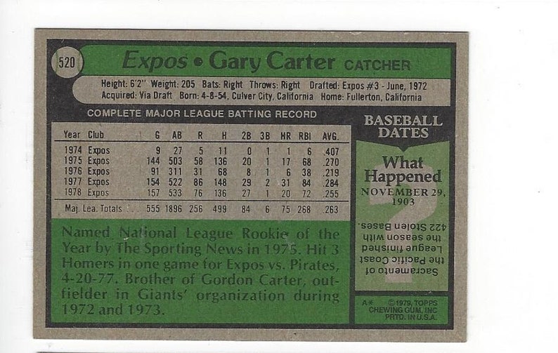 1979 GARY CARTER Montreal EXPOS Original Vintage Baseball Card - Etsy