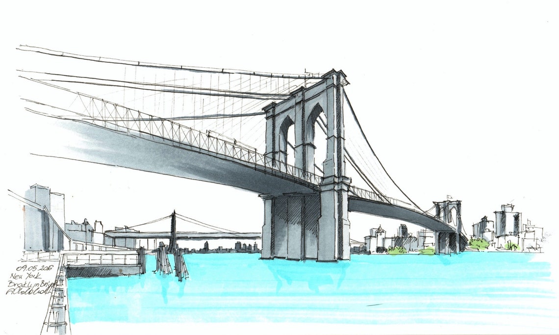 ORIGINAL ART - New York City, Brooklyn Bridge. Urban Sketch ...