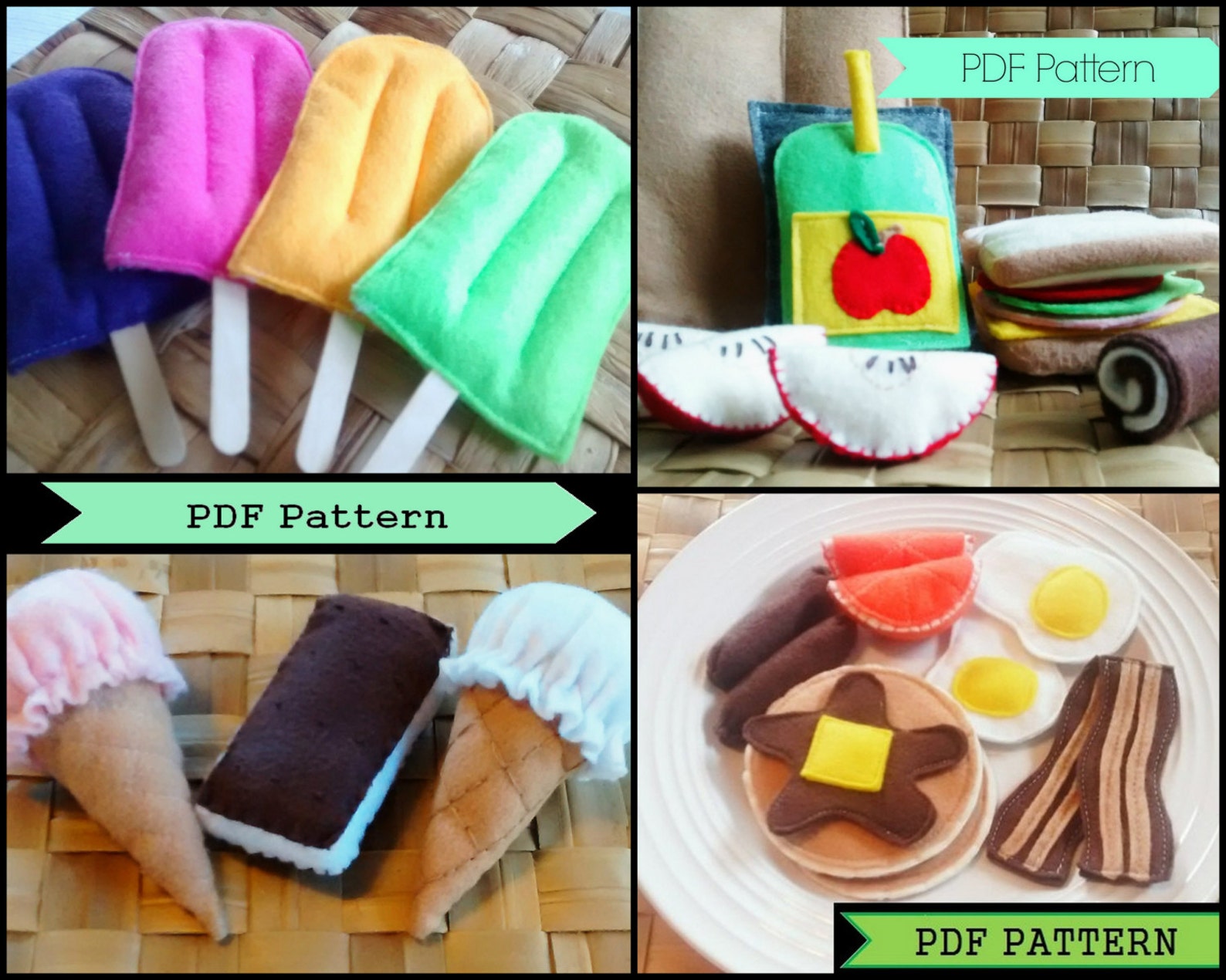 SET of 3 Felt Food PDF Patterns----breakfast, Lunch Sack Set, Ice Cream ...