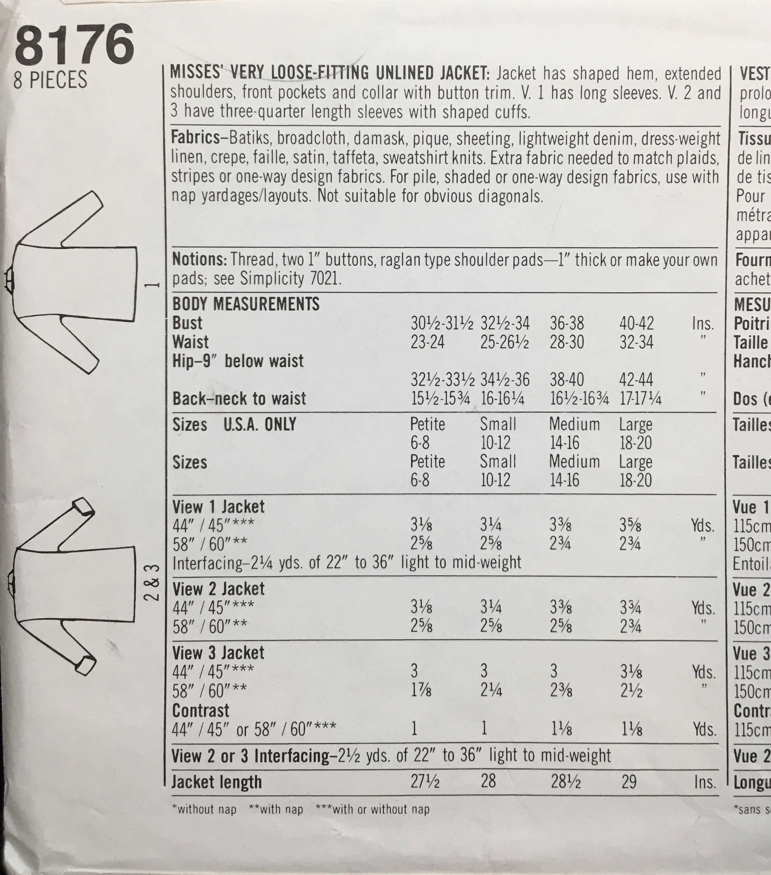 Misses' Jacket, Size MD, Simplicity 8176 Sewing Pattern - Etsy