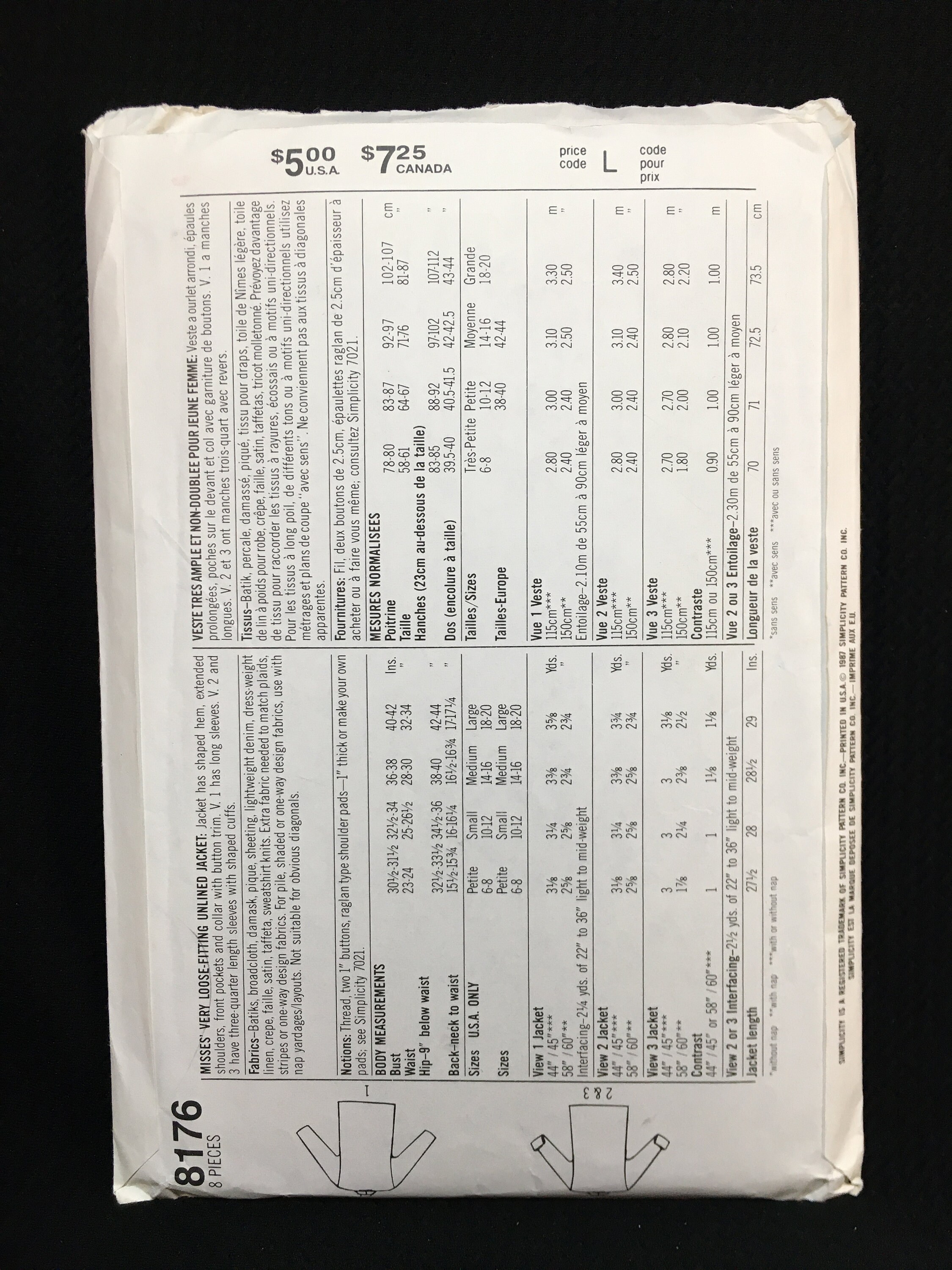 Misses' Jacket, Size MD, Simplicity 8176 Sewing Pattern - Etsy