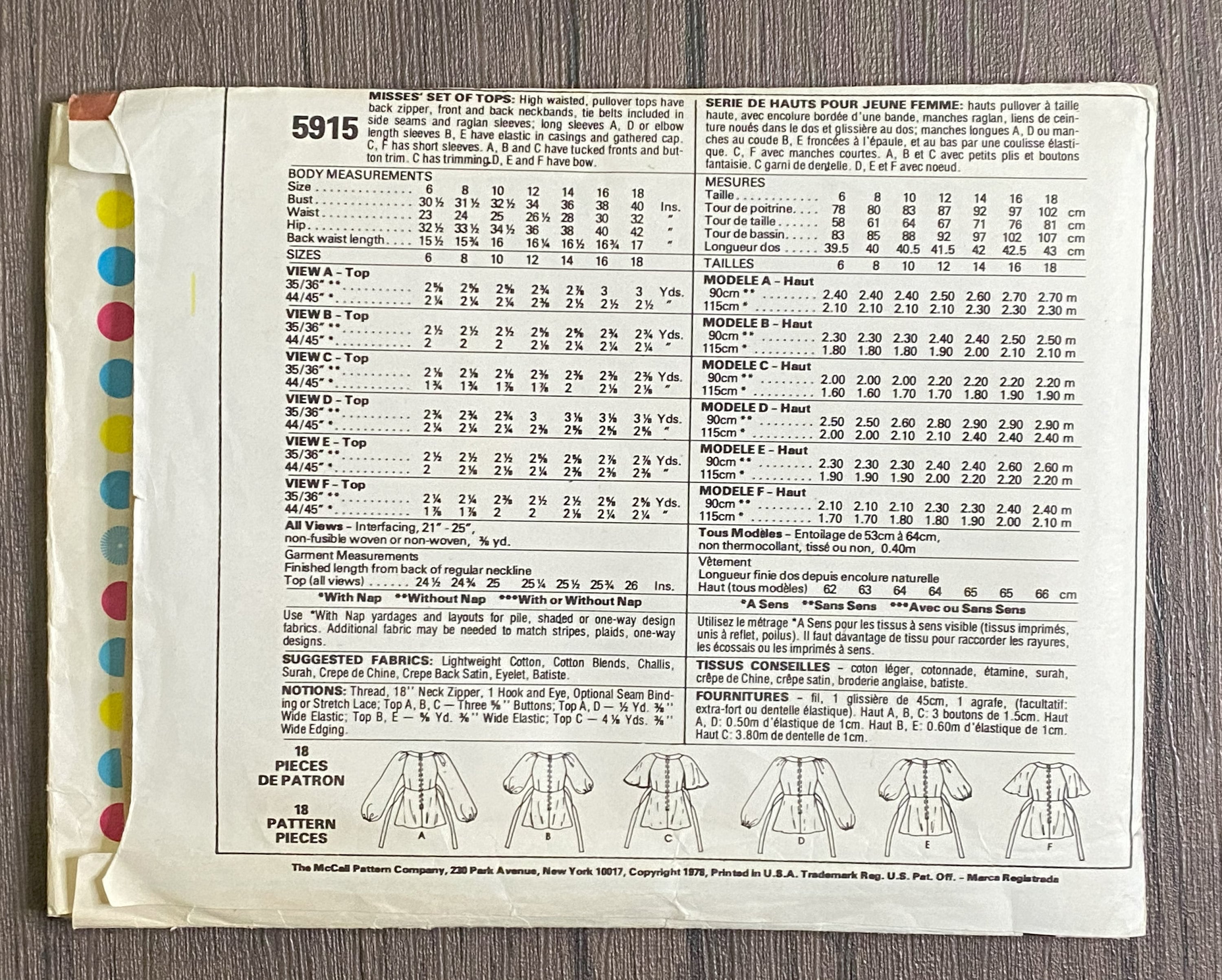 Mccall's 5915 Sewing Pattern for Misses' Tops, Size 14 Bust 36 Inches ...