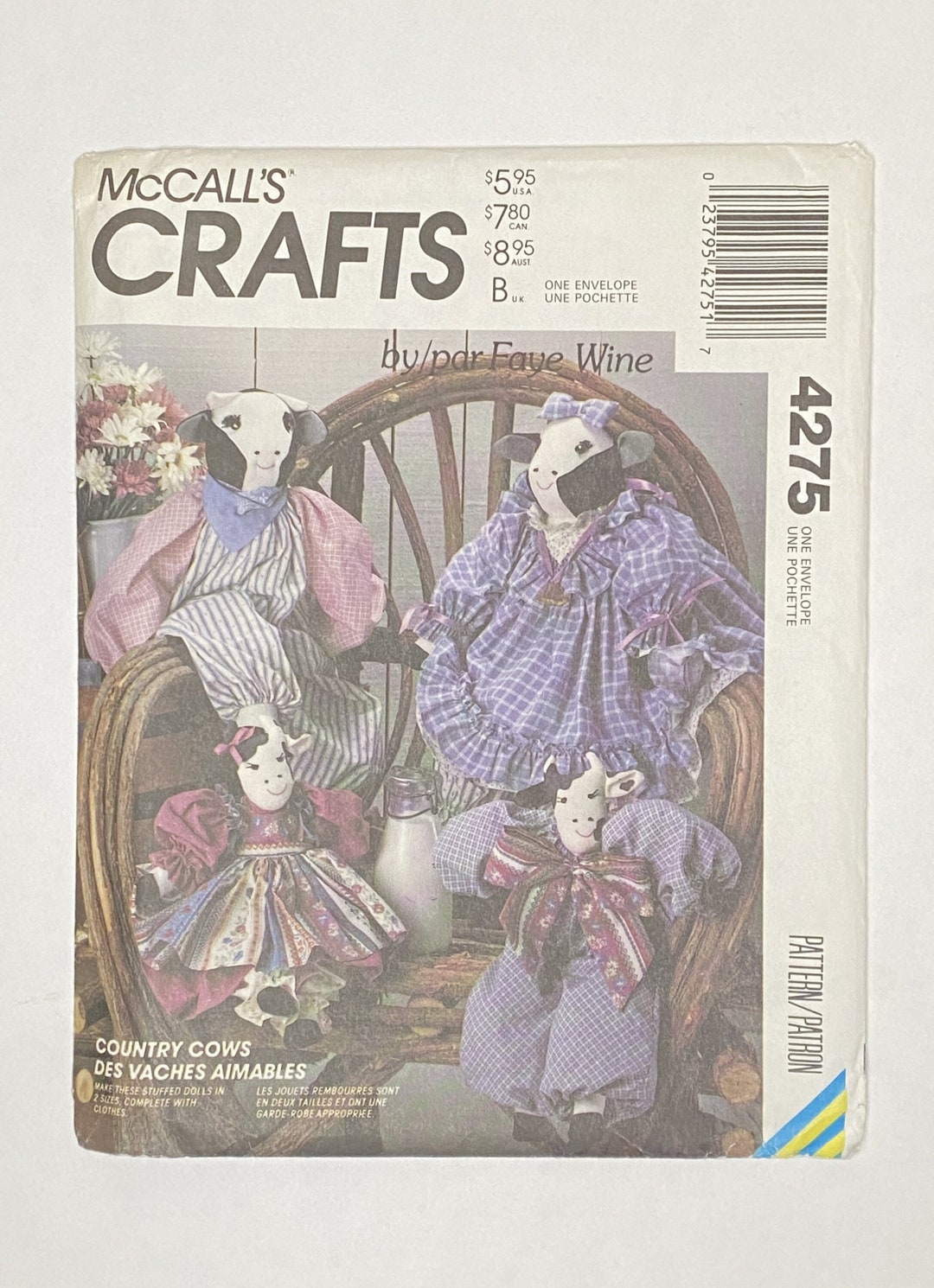 Mccall's Crafts 4275, 80's Sewing Pattern, Country Cows Stuffed Dolls ...